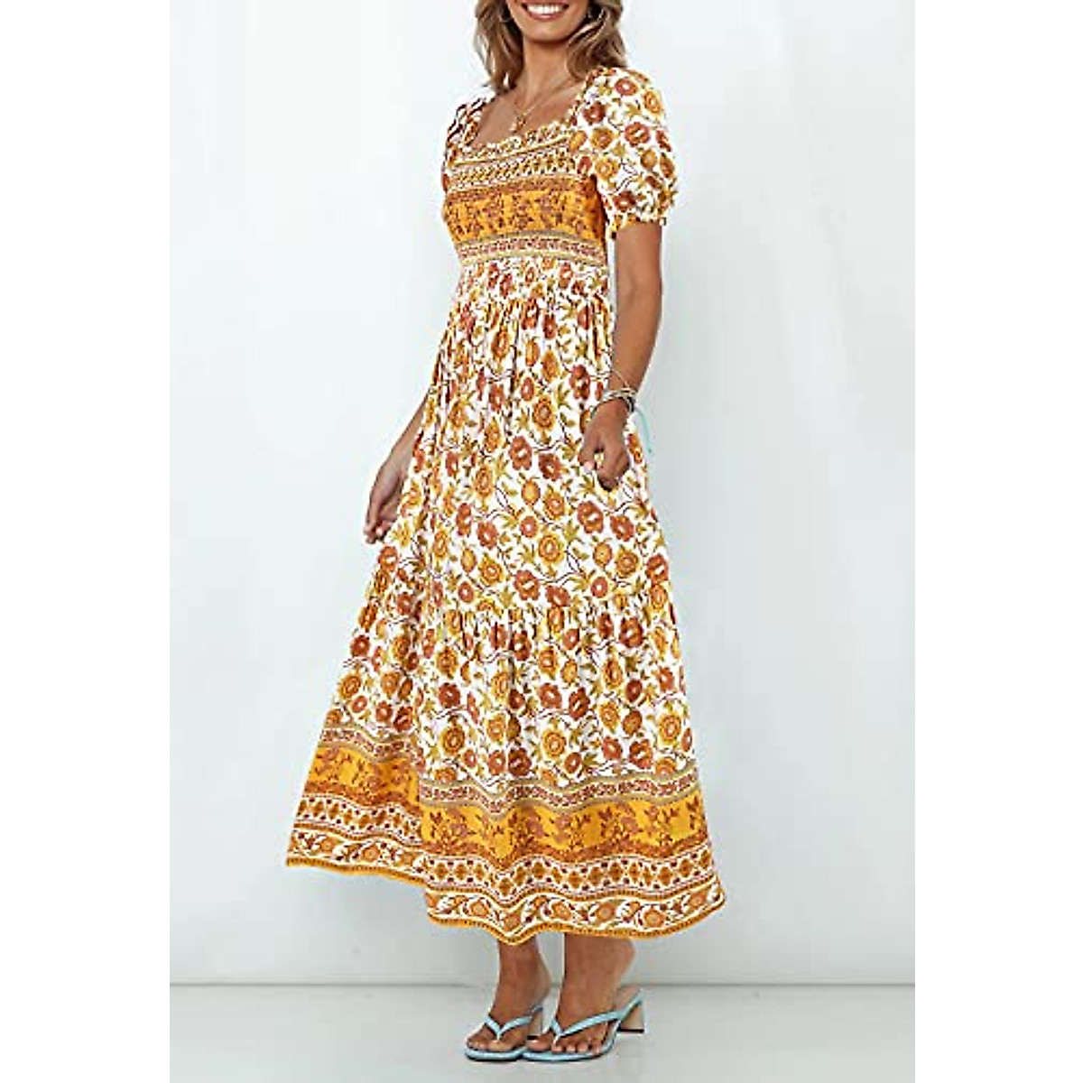ZESICA Women's 2023 Summer Boho Floral Print Square Neck Ruffle Swing Beach Long Maxi Dress,Yellow,Medium