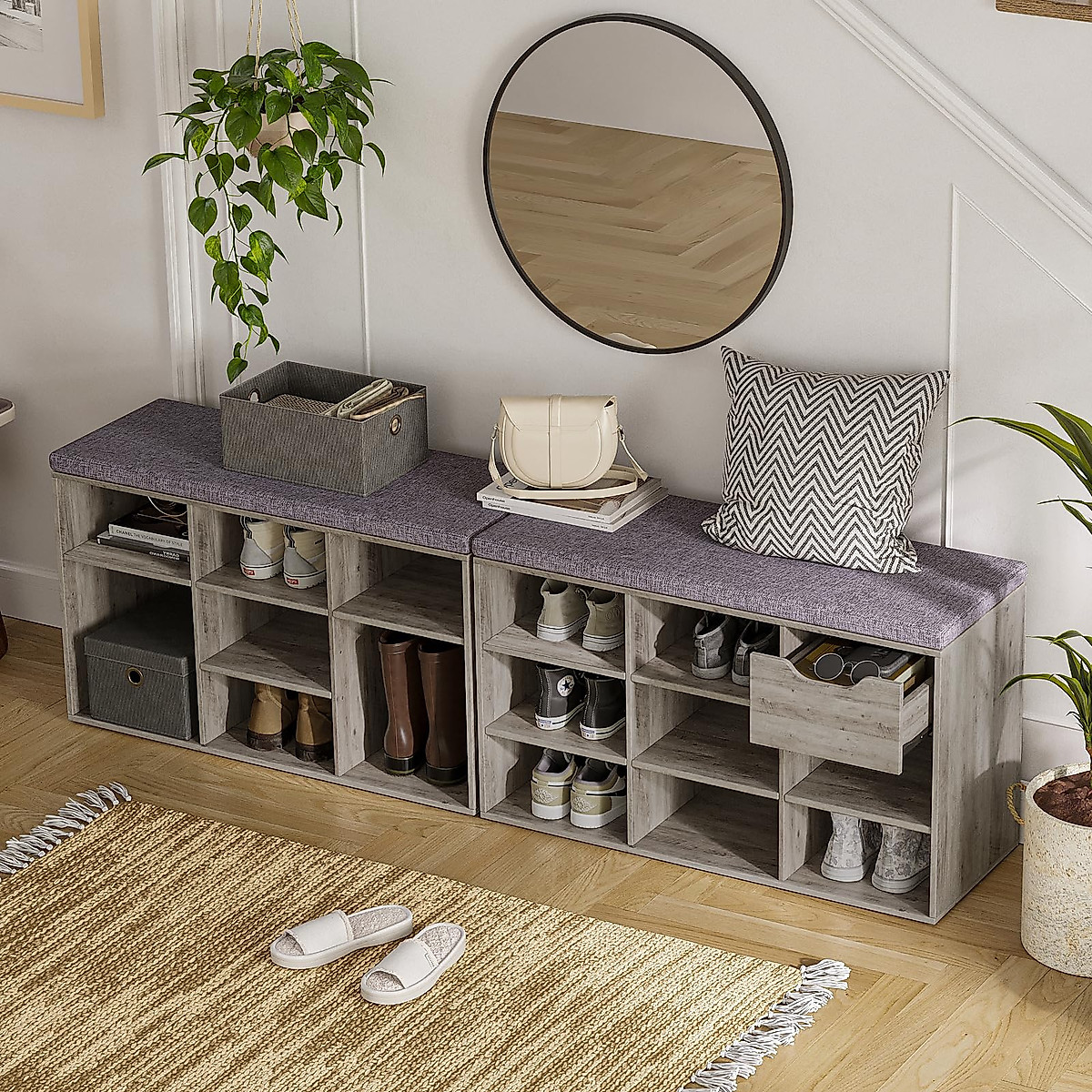 DINZI LVJ Shoe Bench, Entryway Storage Bench with Drawer and 8 Cubbies, Cubby Shoe Rack with Adjustable Shelves, Shoe Organizer Cabinet for Living Room, Bedroom, Mudroom, Closet and Garage, Grey Wash