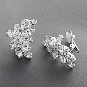 Mariell Clip-On Cubic Zirconia Crystal Bridal Earrings, Marquis Shape CZ Curved Clusters, Non-Pierced Earrings for Wedding, Bridesmaids, Homecoming, Mother of the Bride