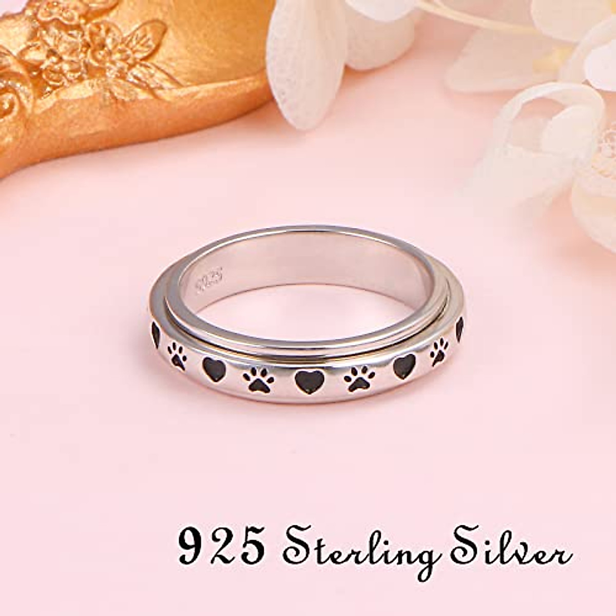 Ladytree Pet Paw Print Anxiety Relieve Spinner Rings Cat Puppy Animal Love Heart Spinner Fidget Ring Sterling Silver Worry Stress Relieving Boredom ADHD Autism Ring for Women Men(8)