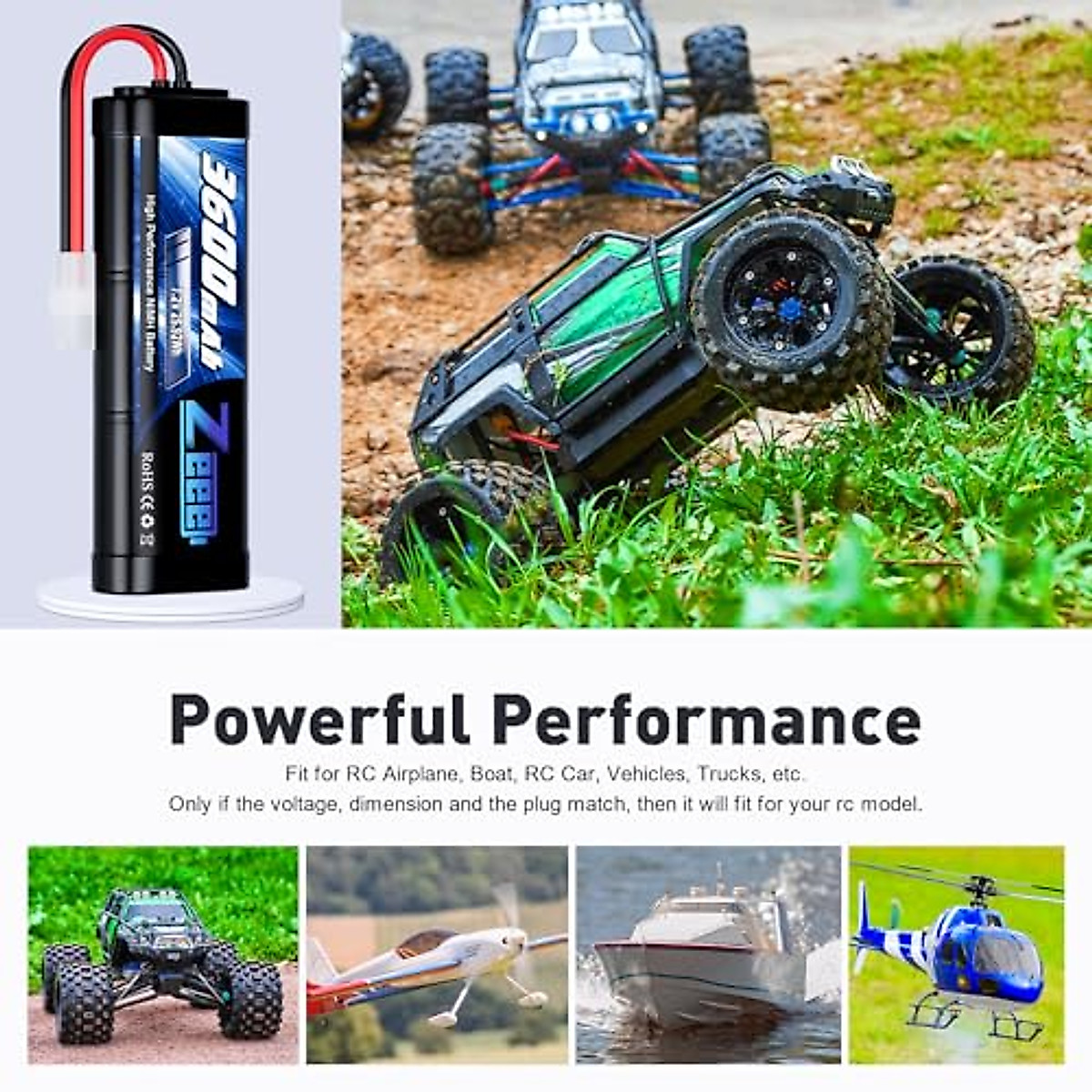 Zeee 7.2V 3600mAh RC NiMH Battery with Tamiya Plug High Power for RC Car RC Truck Associated HPI Losi Kyosho Tamiya Hobby(2 Pack)