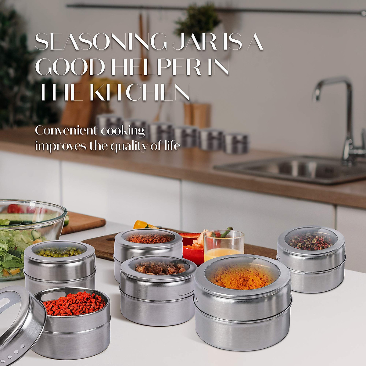 ILEBYGO Magnetic Spice Tins 6pcs Stainless Steel Spice Jars Storage Spice Containers,Clear Top Lid with Sift or Pour,48 Blank Spice Stickers Include,Magnetic on Refrigerator and Grill