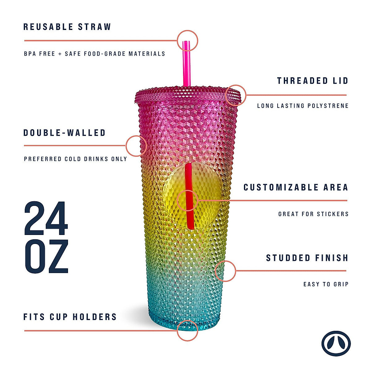 Hogg 24oz Studded Tumbler - Rainbow, Iced Coffee Cups with Lids Reusable, 24 oz Tumbler with Lid and Straw, Venti Reusable Iced Coffee Cup, Bling Cup, DIY Circle for Vinyl or Stickers, Rainbow Tumbler