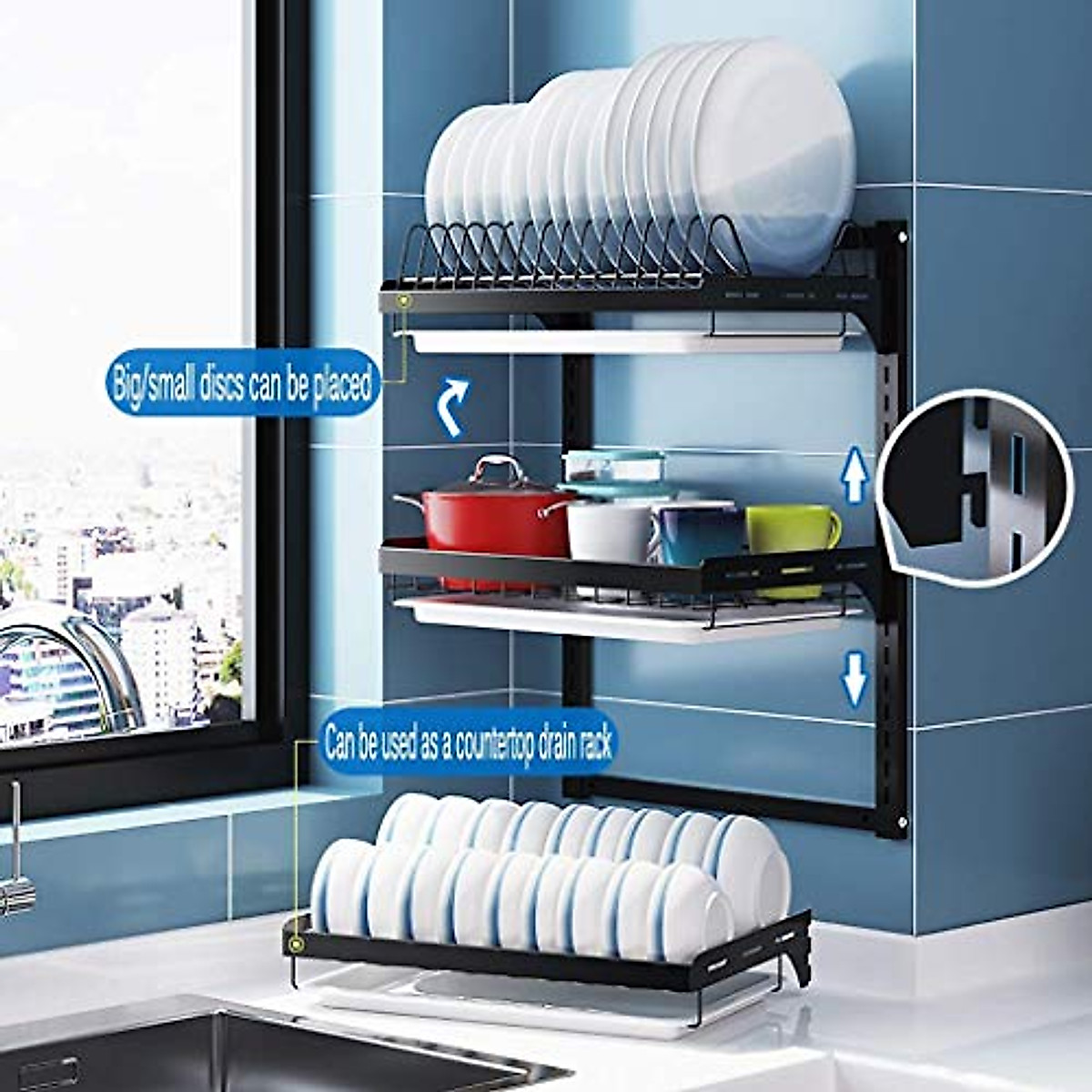 FEHUN Sinks,201 Stainless Steel Kitchen Wall-Mounted 3-Layer Dish Rack Drain Rack with 4 Hooks