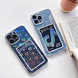 COOWEEK Heart Phone Case Compatible with iPhone 11, Clear Holographic Love Heart Pattern Cute Case with Card Holder Soft Cover,6.1 Inch