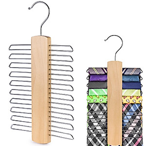 BigOtters Wooden Tie Hanger, Hanging Tie Holder Tie Organizer for Closet Tie Rack Necktie Belt Hanger 20 Hooks 360°Rotating for Scarf Belt