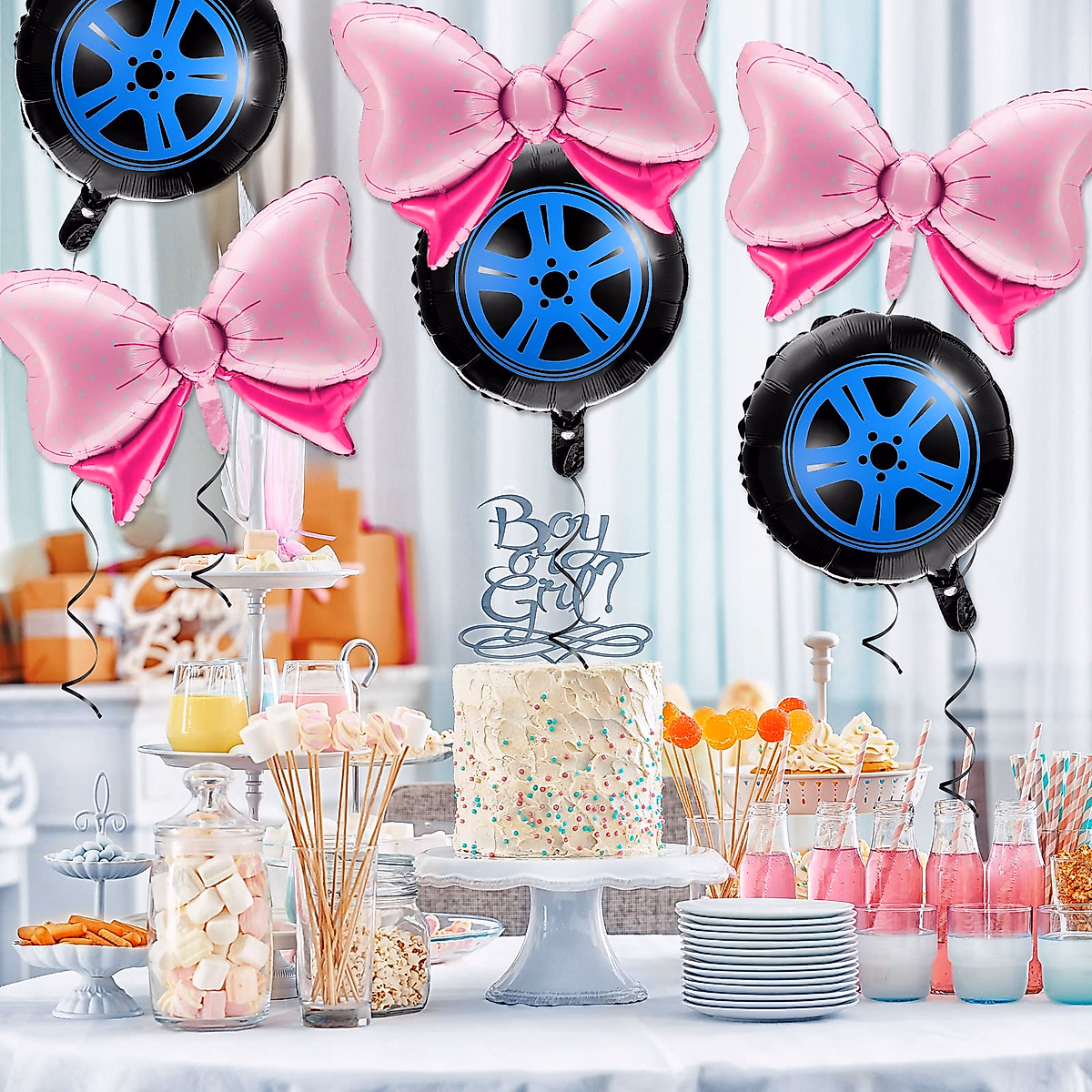 16 Pcs Bow or Burnout Gender Reveal Foil Balloons Set, 18 Inches Wheels Balloon, Bow Balloon, Large Pink Bowtie Foil Balloons for Gender Reveal, Baby Shower Wedding Birthday Party Decoration