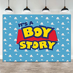 Cartoon Blue Sky White Clouds Toy Boy Story Theme Photography Backdrops 7x5ft Children Boys Birthday Party Photo Background Kids Newborn Baby Shower Dessert Cake Table Decor Props Supplies