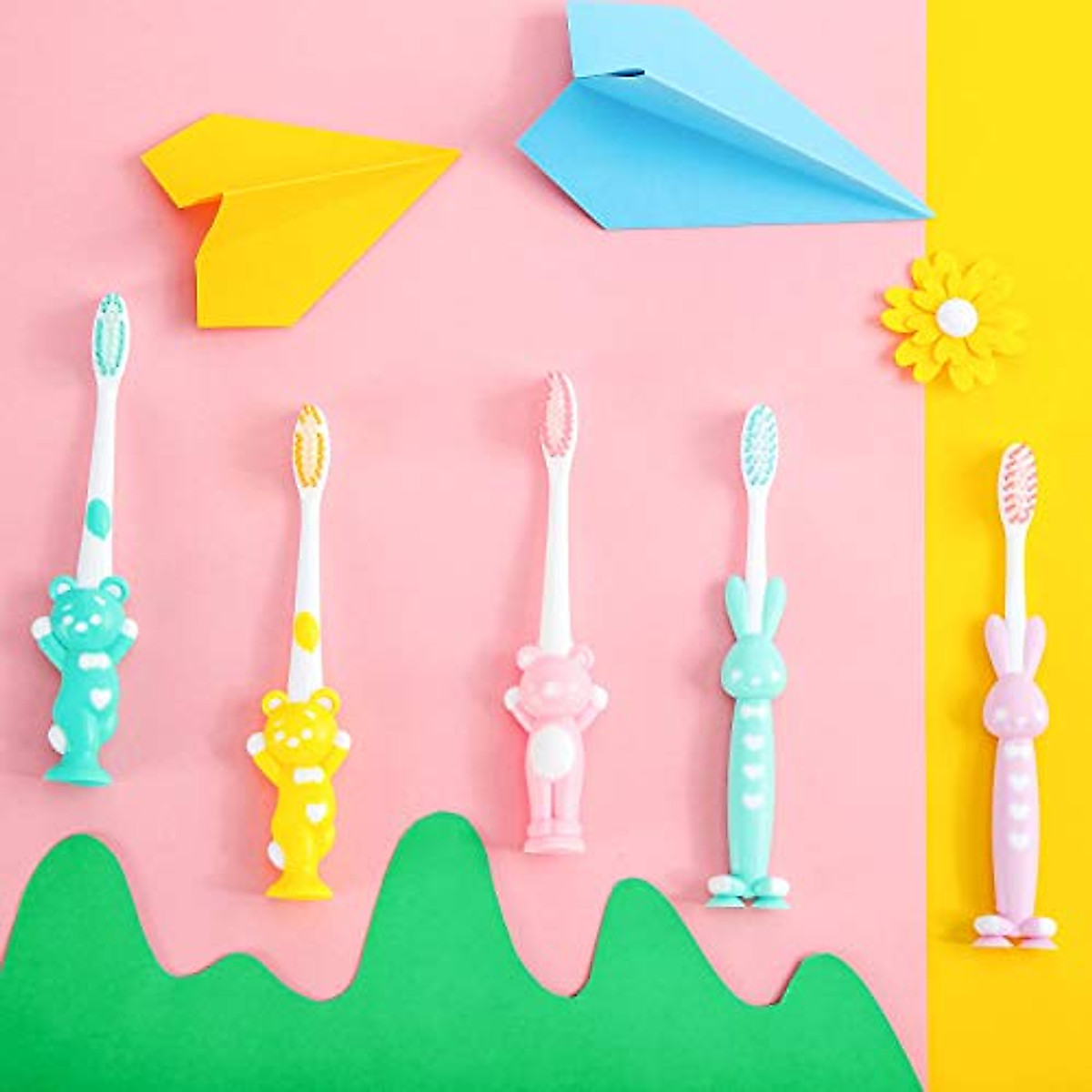 Patelai 12 Pcs Kids Toothbrush for Age 2 and Above Children Manual Toothbrush Set Soft Contoured Bristles Boys and Girls Cute Colorful Toothbrush with Suction Cup for Storage