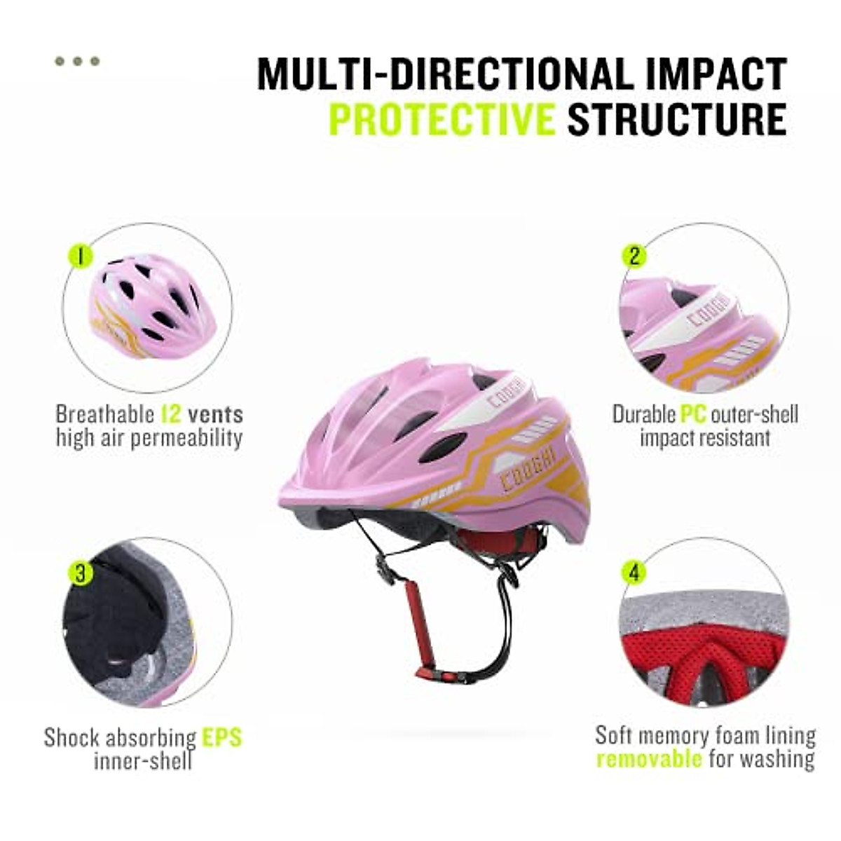 COOGHI Toddler Scooter, 3-in-1 Kids Scooter with Flashing Wheels & Kids Helmet Pads Set for Scooter Skateboarding Skating Biking BMX Skiing