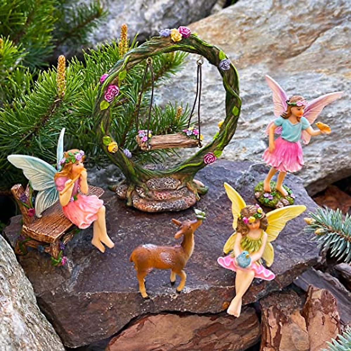 Mood Lab Fairy Garden Kit - Swing Set of 6 pcs Miniature Figurines & Accessories - Hand Painted for Outdoor or House Decor
