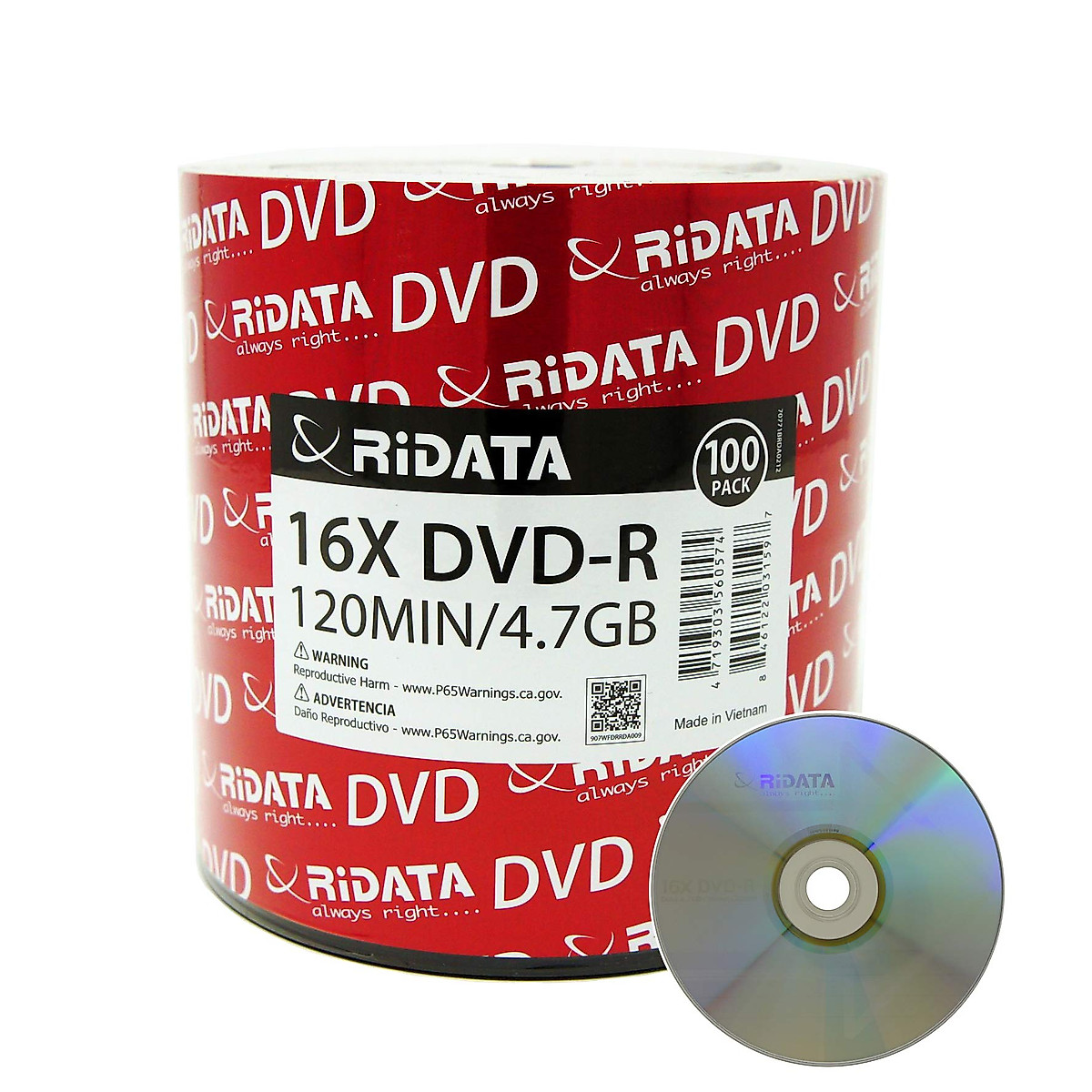 100 Pack Ridata DVD-R 16X 4.7GB 120 Min Silver Logo Top Blank Data Video Media Recordable Disc