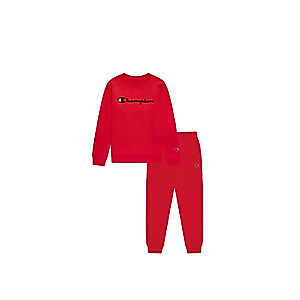 Champion Boys Two Piece Classic Core Colors Hooded And Crewneck Sweatshirt And Fleece Jogger Sweatpants Infant Toddler Sets (12 Months, Scarlet/Crew)
