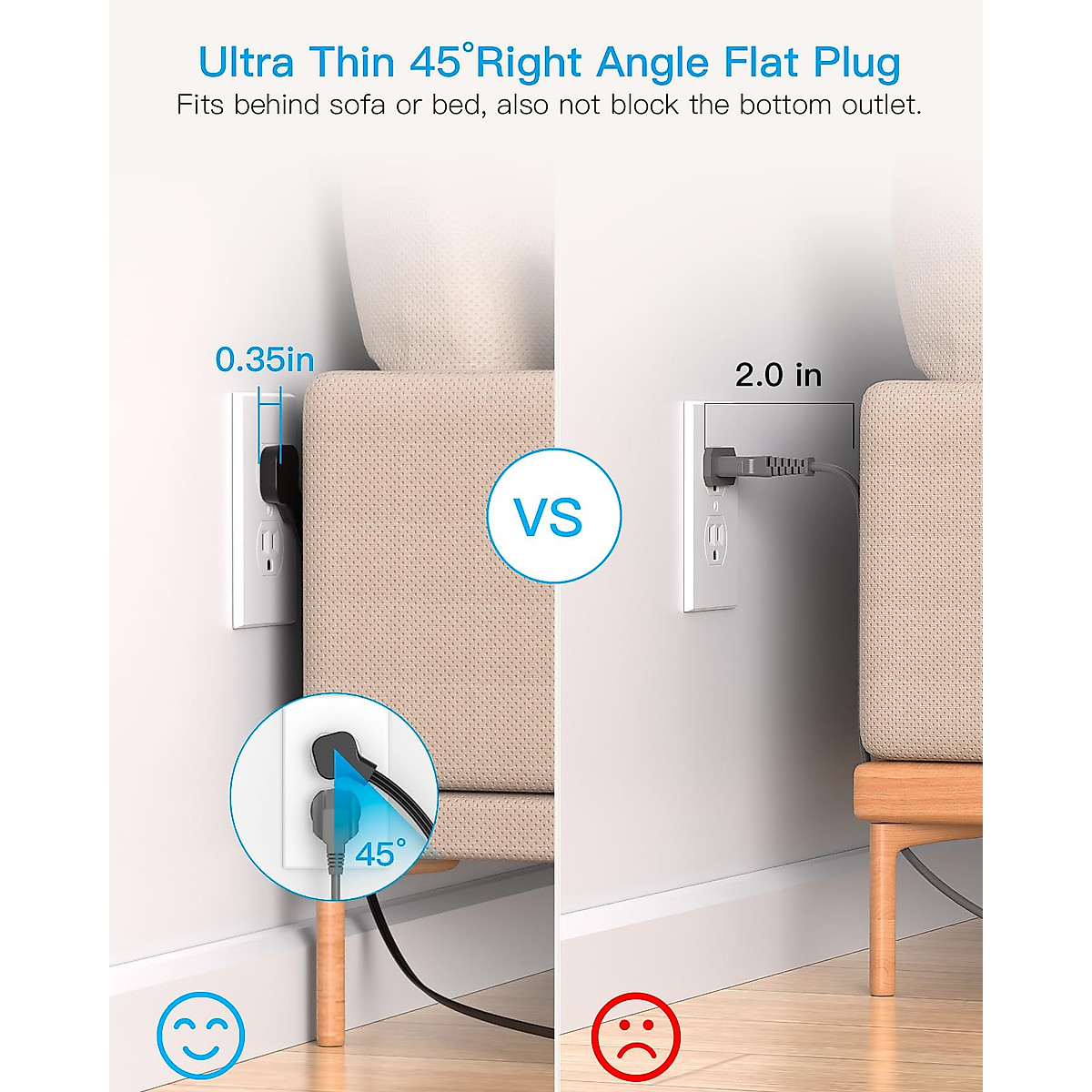 Power Strip Surge Protector, 5Ft Ultra Thin Flat Plug Extension Cord with Multiple Outlets, 8 Widely Outlet Extender with 4 USB Ports(2 USB C), 1080J Wall Mount for College Dorm Room Essentials Black
