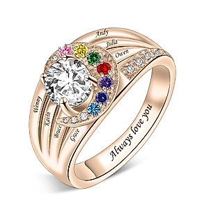 BAUMA AUTO Sterling Silver Personalized Mothers Ring with 1-8 Simulated Birthstones Engraving Family Name Ring for Mother Grandma