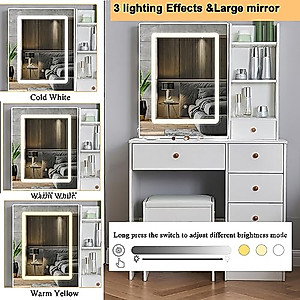 JBLCC Large Vanity Desk with Mirror and Lights, Vanity Table Makeup Vanity with Slidable Mirror 5 Drawers and Storage Shelves,Dressing Table Set 3 Lighting Color Adjustable (06LED)