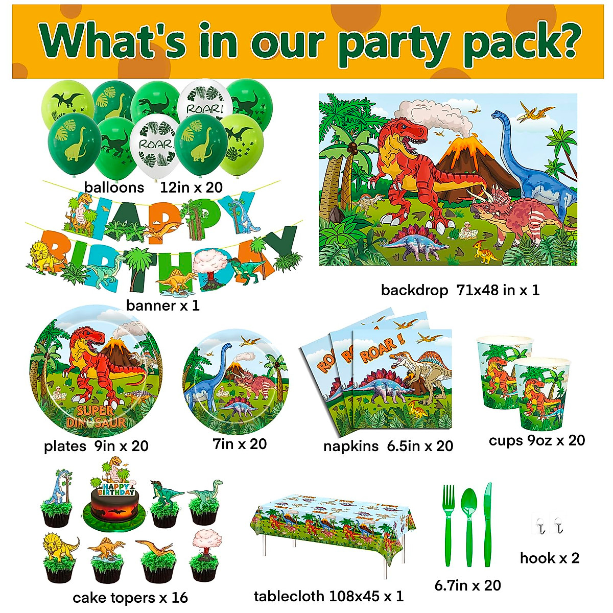 Dinosaur Birthday Decorations Kit For Boys Dinosaur Party Supplies Dino Backdrop Plates Cups Napkins Banner Balloon Tablecloth Cake Toppers