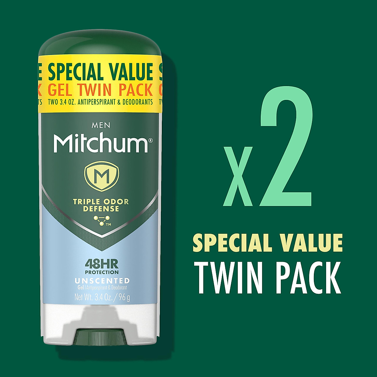 Mitchum Men's Deodorant, Antiperspirant, Triple Odor Defense Gel Stick, 48 Hr Protection, Dermatologist Tested, Alcohol Free, Unscented, 3.4 Oz (Pack of 2)