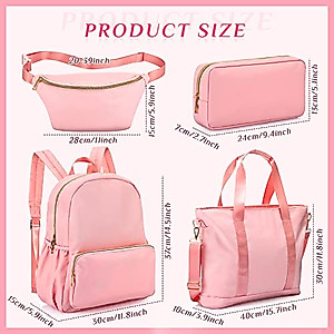 Kacctyen 4 Pieces School Backpacks Set Preppy School Book Bag Nylon Pouch Makeup Bag with Travel Tote Bag Solid Color Fanny Bag Back School Supplies for Student Teens Girls (Pink)