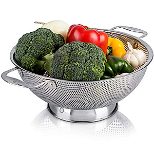 LiveFresh Stainless Steel Micro-Perforated 5-Quart Colander - Professional Strainer with Heavy Duty Handles and Self-draining Solid Ring Base - Dishwasher Safe