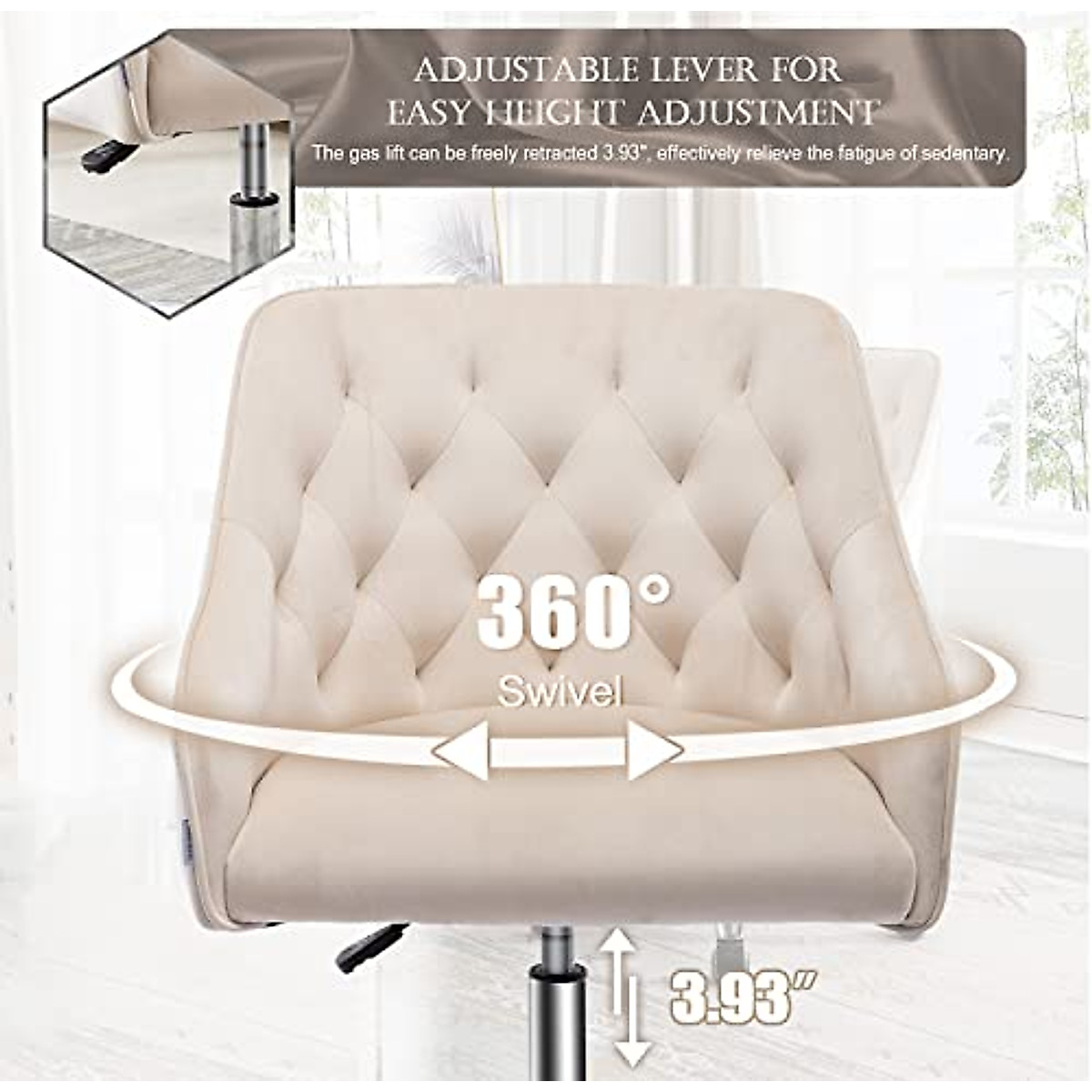 Baysitone Velvet Home Office Desk Chair, Modern Swivel Task Armchair with Adjustable Height, Upholstered Tufted Accent Computer Chair for Home and Office Working or Studying, Beige