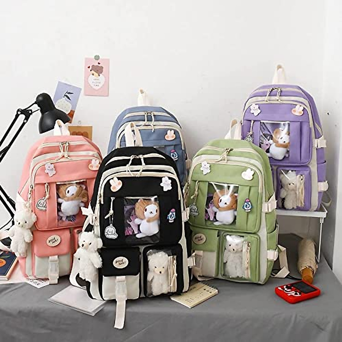 AONUOWE 5 pcs Cute Aesthetic Backpack Set for School Teens, 3 Plushies & 5 Pins & Cards Kawaii Backpack with Accessories (Green)