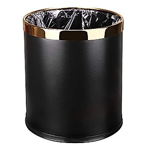 10Liter/2.64 Gallon Metal Trash Can with Faux Leather,Double-Layer Dustbin Without Cover Garbage Bin for for Bathroom Office Bedroom Living Room Kitchen (Gold Circle, Black)
