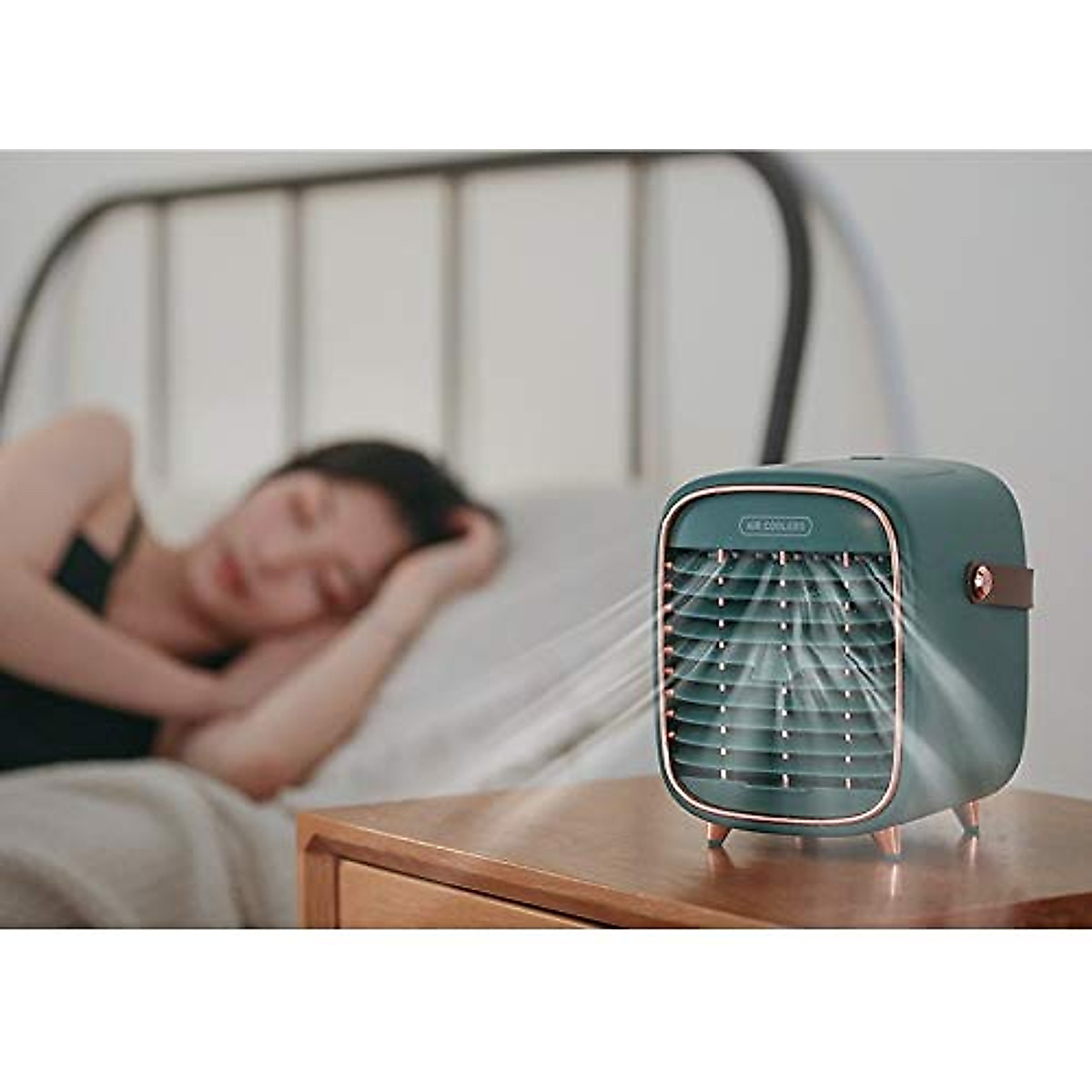 Tenbroman Portable Air Conditioner Fan, Retro Rechargeable Mini Air Cooler Battery Powered Desk Fan with Handle, Desk Misting Fan with 3 Speeds for Sports Office and Outdoor, 1 Pcs (Green)