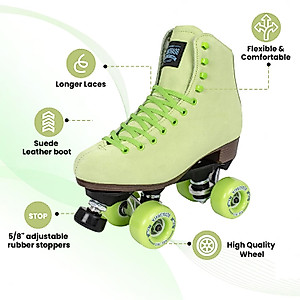 Sure-Grip Boardwalk Unisex Outdoor Roller Skates Material of Leather, Rubber, Suede & Aluminum Trucks | Comfortable, Extra Long Laces - Suitable for Beginners (Key Lime, Mens 7 / Womens 8)