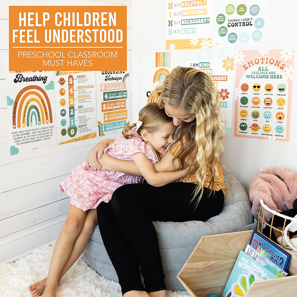 8 Calming Corner Posters For Classroom Must Haves For Teachers - 11x17" Calm Down Corner Supplies, Feelings Chart For Kids Ages 4-8, Toddler Emotions Chart, Retro Classroom Decor