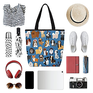 Cute Dog Pattern Canvas Tote Bag, Eco Friendly Reusable Grocery Shopping Bags Beach Bag Book Tote Handbags Washable Shoulder Bag With Zipper Inner Pocket for Women Girls