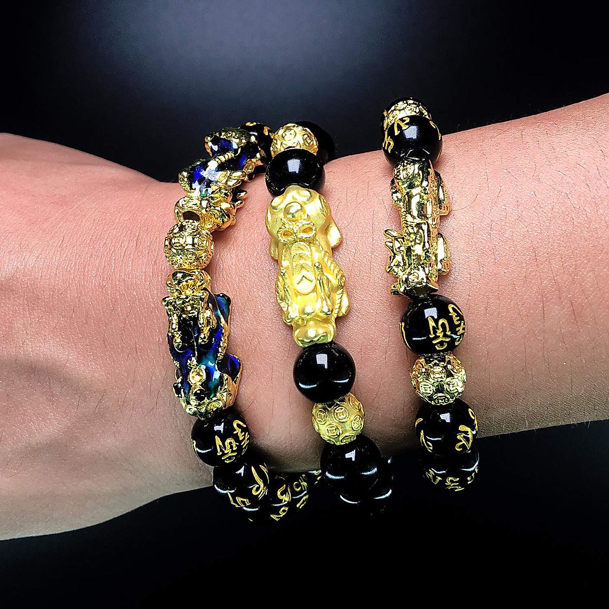 Black Obsidian Wealth Bracelet, 3 Pcs Good Luck Pi Xiu Bracelets for Women Men Attract Health Wealth Money Jewelry