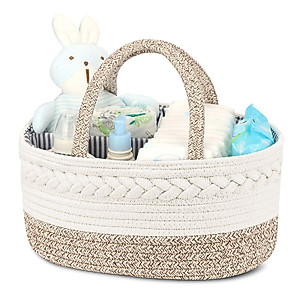 Maliton Diaper Caddy Organizer for Baby - 100% Cotton Rope Baby Basket Changing Table Diaper Storage Caddy Brown&Grey