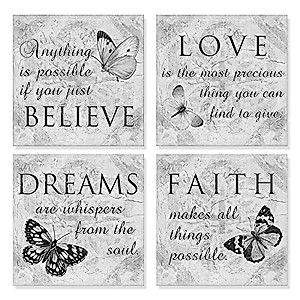 Canvas Wall Art Butterfly Grey Inspirational Quotes Love Dream Faith Believe Bathroom Bedroom Wall Decor Posters Picture Prints (12x12inch, Grey)