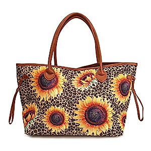 JIU HONG CHAO Large Tote Bag for Women Sunflower Purse Leopard Print Handbag Canvas Beach Bag Lightweigh Tote with Faux Leather Handle Cheetah Gifts for Women…