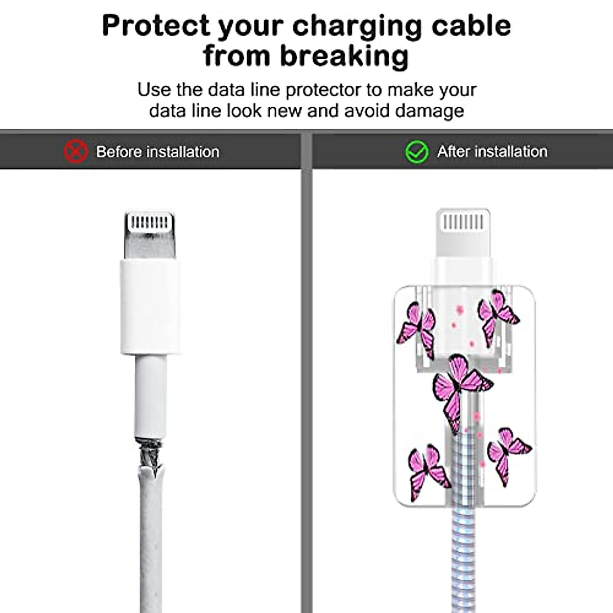 DiyGody Lovely Cable Protector for iPhone Charger with Cute Clear Pink Butterfly Design, Soft Data Line Cable USB Wire Saver Charger Protector Compatible with 18W/20W iPhone Charger