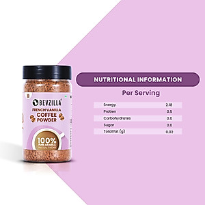 Bevzilla Instant Coffee Powder (French Vanilla Flavour) - 75 Grams | Premium Arabica Beans | Hot & Cold Coffee | Makes 40 Cups | Strong Coffee | Flavoured Coffee| Glass Jar