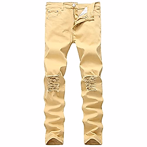 Men's Ripped Distressed Destroyed Jeans Stretch Vintage Hip Hop Jean with Holes Straight Leg Slim Fit Denim Pants (Khaki,27)