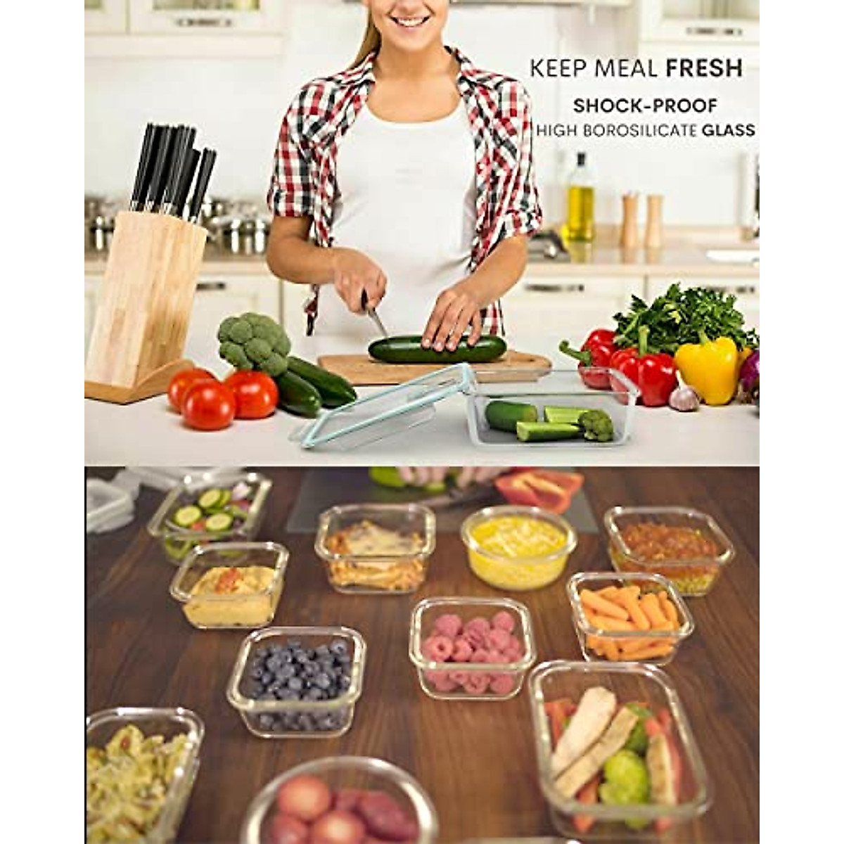 Razab 24 Pc Glass Food Storage Containers Airtight Lids Microwave/Oven/Freezer & Dishwasher Safe - Steam Release Valve BPA/ PVC-Free -Small & Large Reusable Round, Square & Rectangle Bento Containers