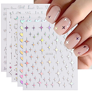 JMEOWIO 12 Sheets Aurora Nail Art Stickers Decals Self-Adhesive Pegatinas Uñas Glitter Holographic Star Heart Nail Supplies Nail Art Design Decoration Accessories