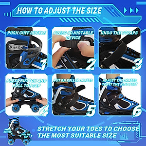 MammyGol Roller Skates for Boys Girls, 4 Sizes Adjustable Quad Skates for Kids with All Light up Wheels, Full Protection for Toddler's Indoor and Outdoor Play Blue Size 10C 11C 12C 13C