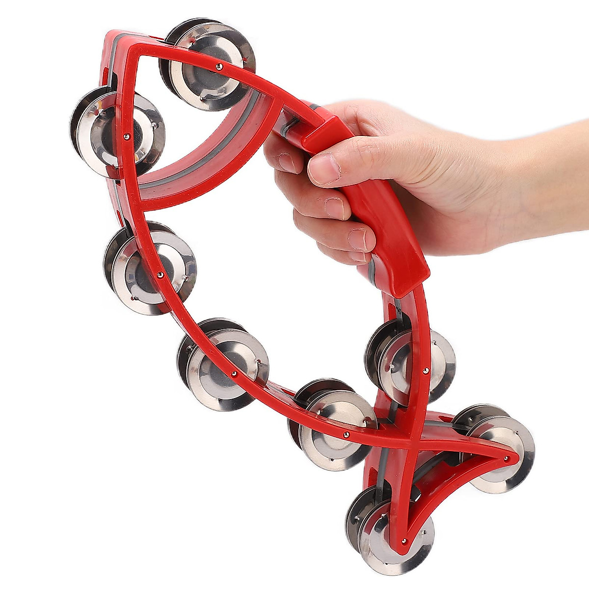 Eujgoov Plastic Hand Tambourine Bell, Fish Shaped Double Row Jingles Music Rhythm Toys(red)