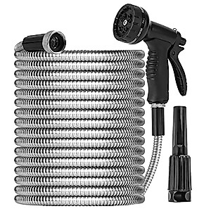 Ainpota Metal Garden Hose 100ft Heavy Duty Stainless Steel Water Hose with 10 Function Sprayer & Metal Fittings Flexible Hose Puncture Proof Hose for Yard, Outdoors, Rv (100FT)