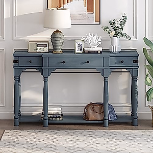 Bellemave Console Table Entryway Table with 3 Storage Drawers and Open Style Shelf Retro-Style Sofa Table for Living Room, Couch, Hallway, Foyer, Kitchen Counter (Dark Navy)