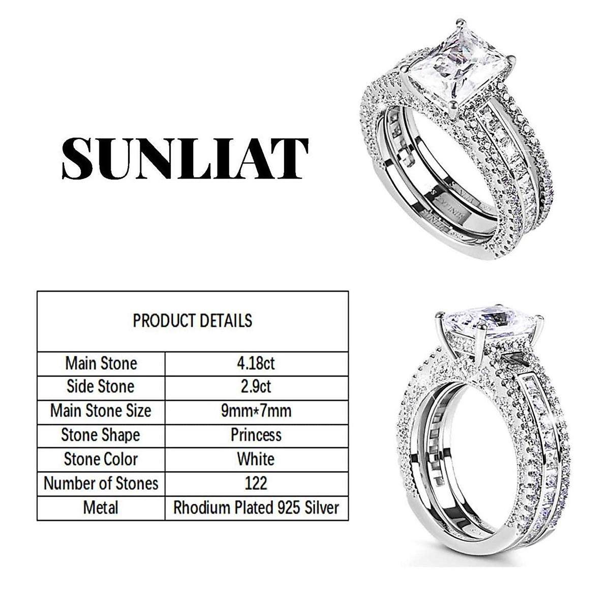 SUNLIAT Engagement Rings for Women Bridal Set,925 Sterling Silver Princess Cut Cubic Zirconia Wedding Band Ring Sets, Promise Rings for Her Simulated Diamond Anniversary Rings
