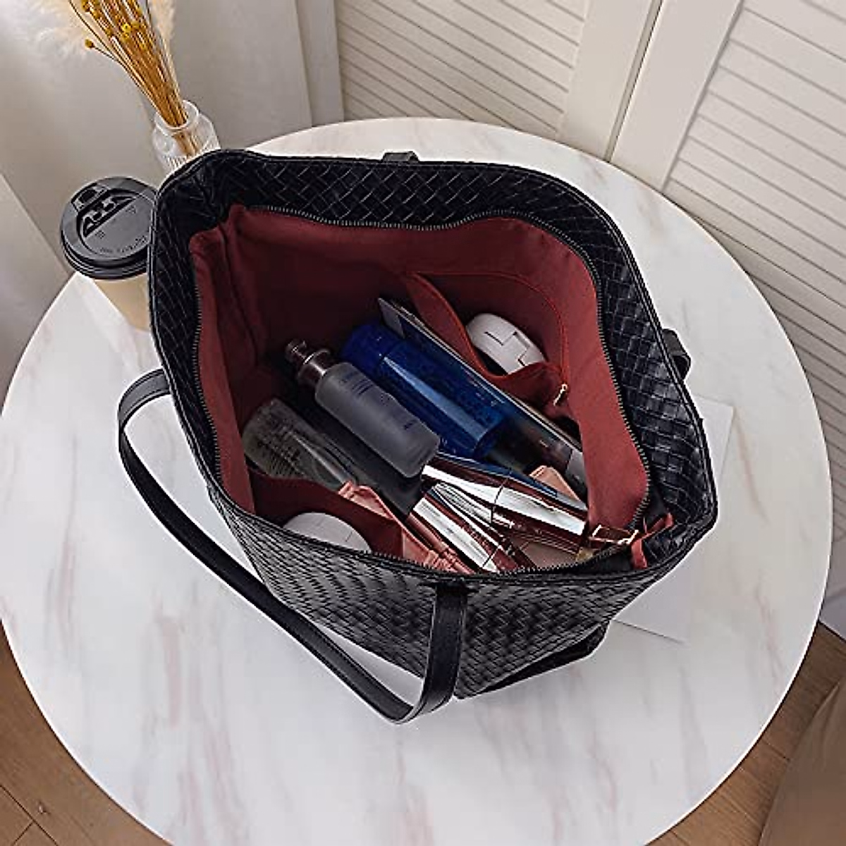 Bella Luna Women’s Large Woven Shoulder Tote Handbag (Black)