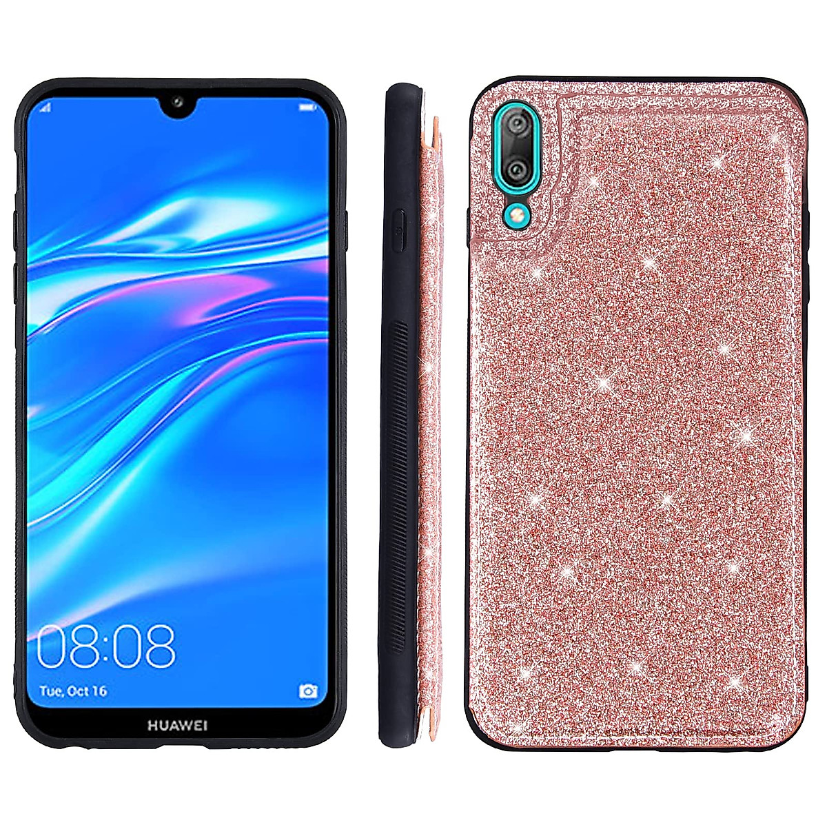 Asuwish Phone Case for Huawei Y7 2019/Y7 Prime 2019/7Y Pro Wallet Cover with Screen Protector and Card Holder Stand Bling Glitter Leather Cell Accessories Hawaii Enjoy 9 Dub-LX3 Women Girls Rose Gold