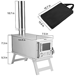 304 Stainless Steel Camping Tent Stove, Ultralight Foldable Portable Wood Burning Stove with Chimney Pipes and Rotary Damper, Tent Heaters Stove for Camping Heating and Cooking
