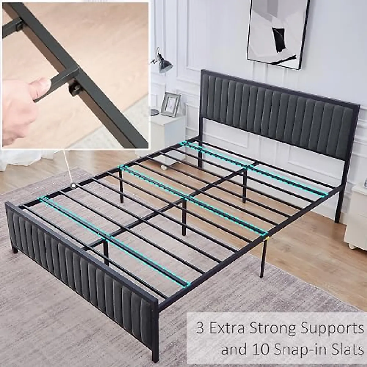 VECELO Queen Bed Frame with Upholstered Tufted Headboard & Footboard, Heavy Duty Steel Slats Platform, No Box Spring Needed, Grey