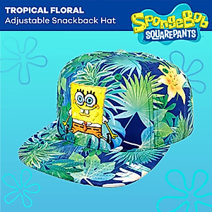 Spongebob Squarepants Baseball Cap, Tropical Floral Curved Brim Adjustable Snapback Hat, Blue and Green, One Size
